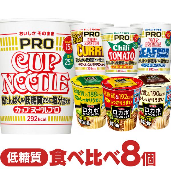 低糖質カップ麺 7種8個セット。カップヌードルPROと明星ロカボをまとめて楽しめる食べ比べ詰め合わせです。高たんぱく・低糖質設計のカップヌードルPRO（定番2個、シーフード・チリトマト・カレー各1個）と、明星ロカボ（こってり醤油・鶏白湯・豚...