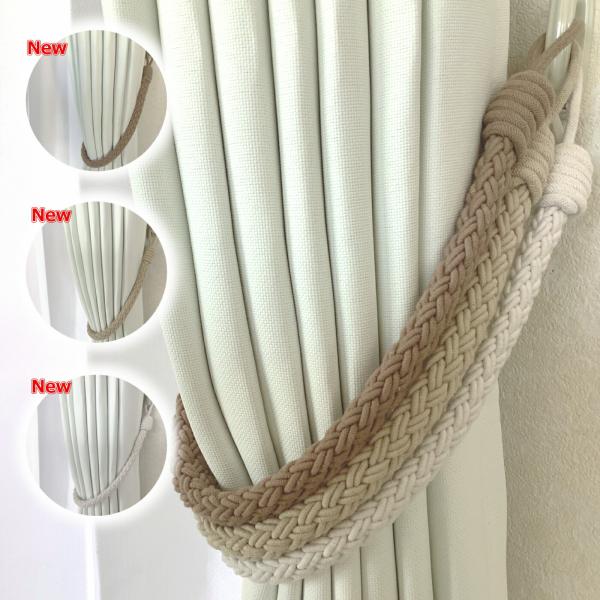 カーテンをおしゃれに演出するロープタッセル 綿100％。シンプルなのにカジュアル使いもでき、2本使いでさらにオシャレな空間を演出。カーテンの色に合わせてナチュラルな3色をご用意しました。こちらは１本入りのお値段です。ロープの全体の長さは約5...