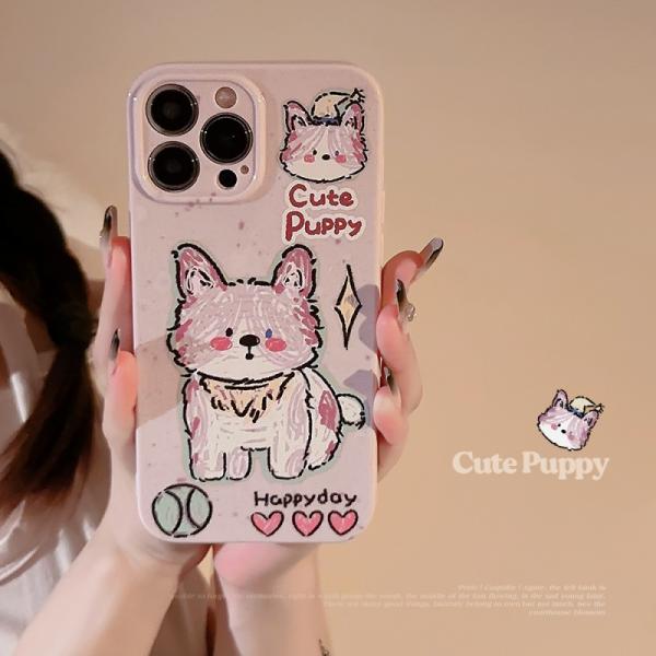 手書き風のキュートなわんこに癒やされる♪キュート パピー 子犬 手書き風 ピンク 可愛い iPhoneケース 携帯カバー スマホケース iPhone11 iPhone12 iPhone13 iPhone14 iPhone15 iPhone1...