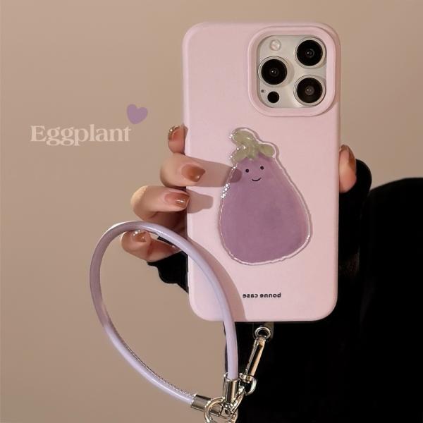 かわいいなす 野菜 パープルハンドストラップ付き ショットストラップ付き スマホケース携帯ケースiPhone11iPhone12 iphone13iPhone14iPhone15iPhone16iPhone17