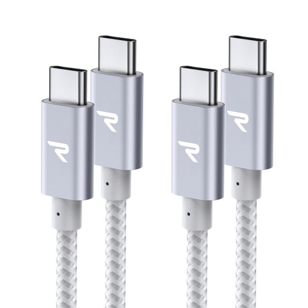 【2本セット】RAMPOW USB C ケーブル【1m+1m/シルバー PD対応 60W急速充電】USB-C &amp; USB-C ケーブル データ転送 断線防止 高耐久ナイロン iPhone16/iPhone15シリーズ充電ケーブル M...