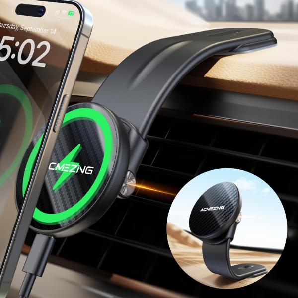 スマホホルダー 車 ワイヤレス充電 マグネット 15W【360°自由調整・アルミ合金素材・安定性抜群】magsafe 車載 急速充電&amp;超強磁力【22個N55磁石】超薄 スマホスタンド 車 充電 ACMEZING 車載スマホホルダー ...