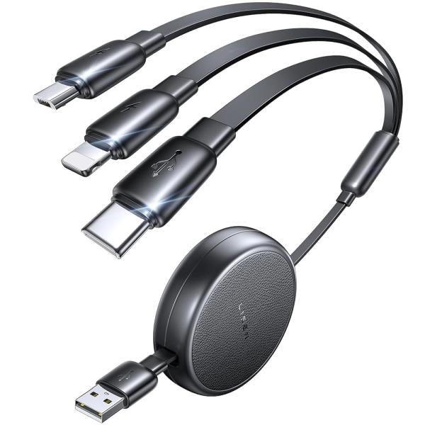 【商品名】LISEN 3in1 充電ケーブル 巻き取り 1m まきとり充電ケーブル c, 高耐久 マルチ 充電コード 3in1 USBA toType C/Lightning/Micro 3台同時給電可能 [伸縮式 絡み防止] タイプC i...