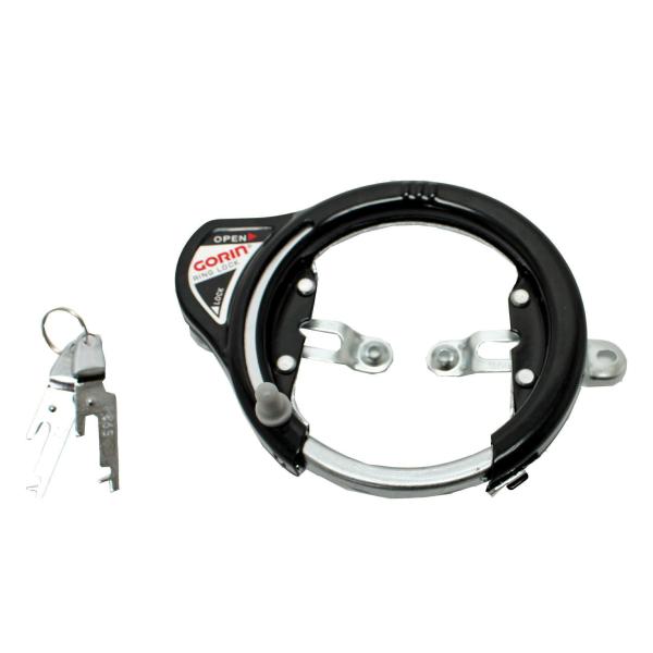 スタンダードなプレスキー採用のリングロック。●キー2本付き〔取付可能車種〕シティー車、軽快車２２〜２８型（リム型式がＷＯ型のみ）※一部、バックホークの太い車種や、特殊フレーム車・ドレスガードがある場合は取付けできませんので、あらかじめご確認...