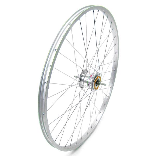 ハブダイナモ付き前車輪です。●リム材質：アルミ製●国内組立て※デザイン・仕様などは予告なく変更・改良することがありますので、予めご了承ください。