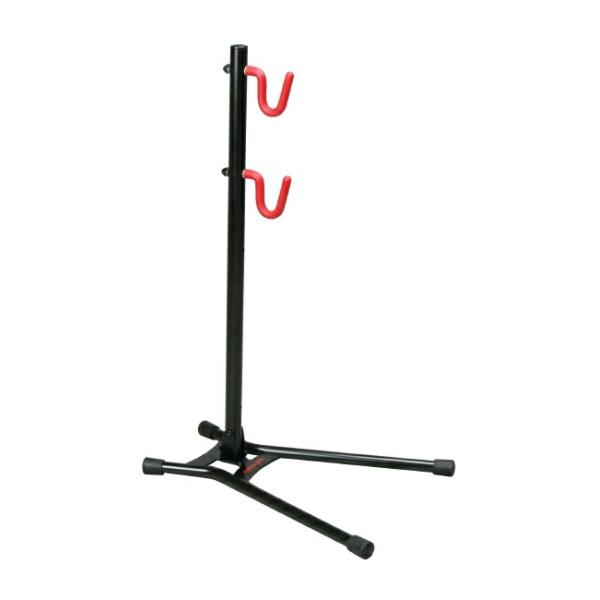 簡単折りたたみ式の自転車用ディスプレイスタンドです。シートステーとチェーンステーの2箇所をフックに差し込むだけで、自転車を自立させることができます。後輪が持ち上がるためメンテナンスにも便利。支柱は折りたたみ式で使用しないときは、つまみを引き...