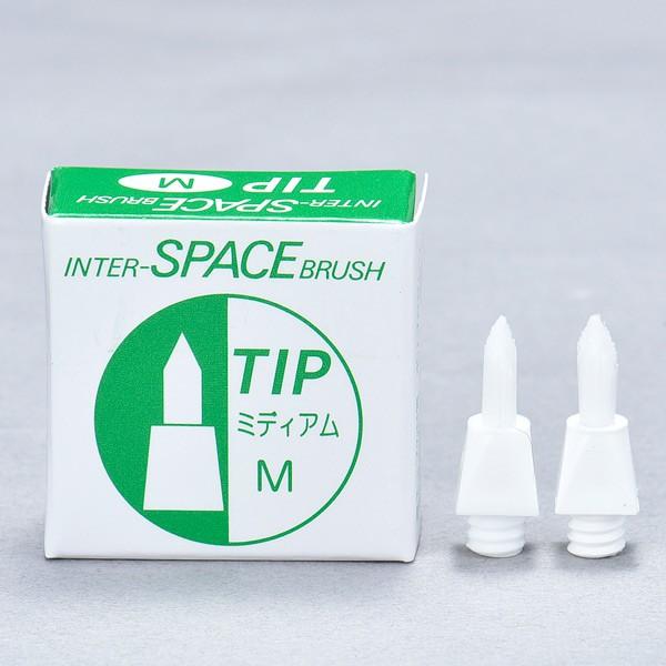 インタースペースブラシ専用の替えブラシ(チップ)です。手軽にワンタッチで着脱が可能。1箱(2個入)。■商品仕様チップの材質：ポリプロピレン毛の材質：ナイロン毛のかたさ：ミディアム(M)耐熱温度：80度