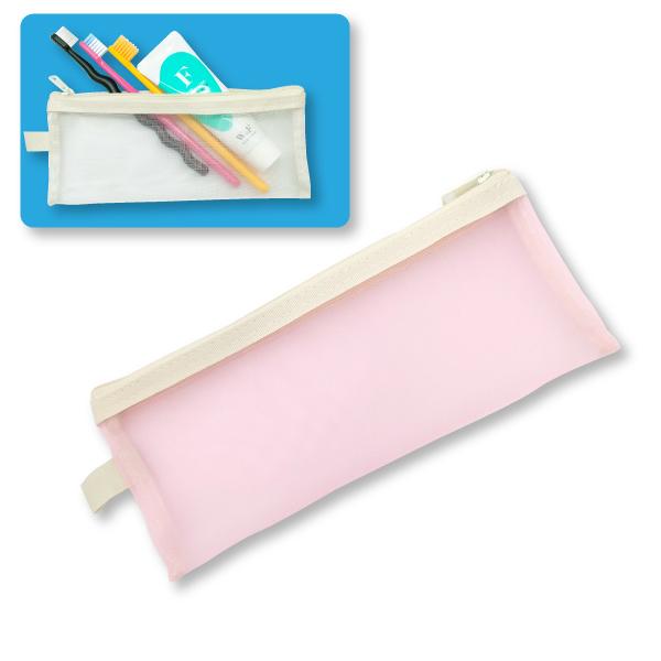 通気性の高いメッシュポーチ歯ブラシケースにも幅広いサイズの歯ブラシが入ります。約210×85mm(マチはありません)素材：ナイロン色：ピンク※歯ブラシ、歯磨き剤は商品に含みません。