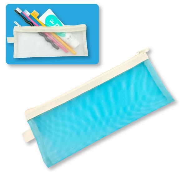 通気性の高いメッシュポーチ歯ブラシケースにも幅広いサイズの歯ブラシが入ります。約210×85mm(マチはありません)素材：ナイロン色：ブルー※歯ブラシ、歯磨き剤は商品に含みません。