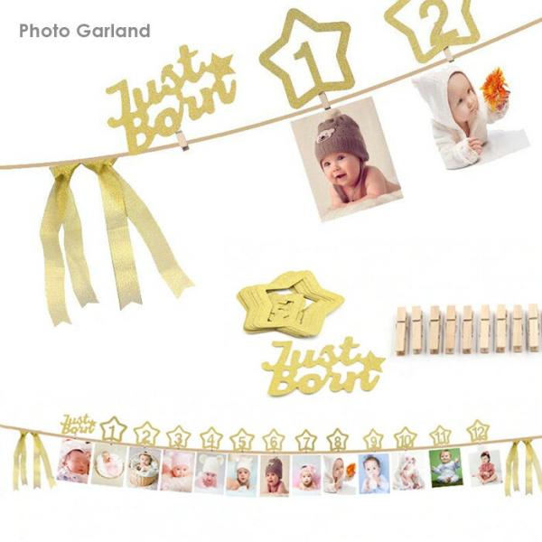 【発売日：2020年08月04日】◆カラー・ゴールド◆セット内容・Just Born×1・星×12・クリップ×13・リボン×4・ひも×1◆サイズ・Just Born：9×15cm・星：11cm・全部並べた長さ：200cm※スタッフによる平置...