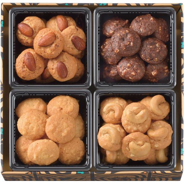 本商品は包装、熨斗は未対応です。受注後、出荷予定日をご連絡させていただきます。■商品について:アーモンド・カシューナッツ・マカダミアナッツ・チョコレートチップ各４０ｇスリーブケース入■説明：カリッとはじけるナッツが香ばしい豊かな味わいのクッ...