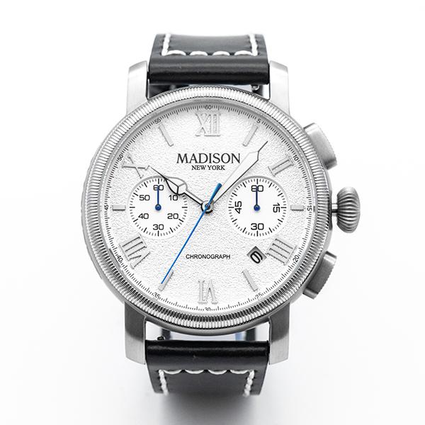 メーカー：MADISON NEW YORK マディソン ニューヨーク　製品名：MA011009-1　JANコード：4937285142506　ケースサイズ：45×50mm　ムーブメント：クォーツ　バンド：オイルド・カーフレザー　文字盤色：シ...