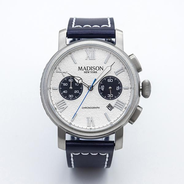 メーカー：MADISON NEW YORK マディソン ニューヨーク　製品名：MA011009-2　JANコード：4937285142513　ケースサイズ：45×50mm　ムーブメント：クォーツ　バンド：オイルド・カーフレザー　文字盤色：シ...