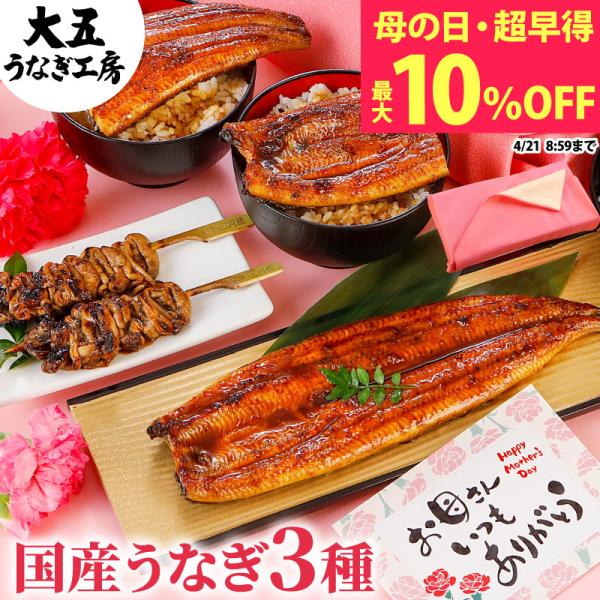 大五の母の日ギフト国産うなぎ3種セット　★焼肝串プレゼント母の日メッセージカード付モンドセレクション金賞受賞！ミシュラン常連店「鈴なり」の村田料理長監修のうなぎ蒲焼き。外は香ばしく、中はふっくら、柔らか蒲焼は「特殊製法」により旨味を残しつつ...