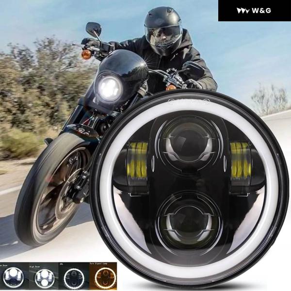 ブラック 5.75インチ LED ヘッドライト プロジェクター ハローリング ハイロービーム オートバイ バイク 5-3/4インチ DRL ウィンカー スポーツスター ダイナ アイアン 883 カスタムパーツ アクセサリー 交換用部品Hig...