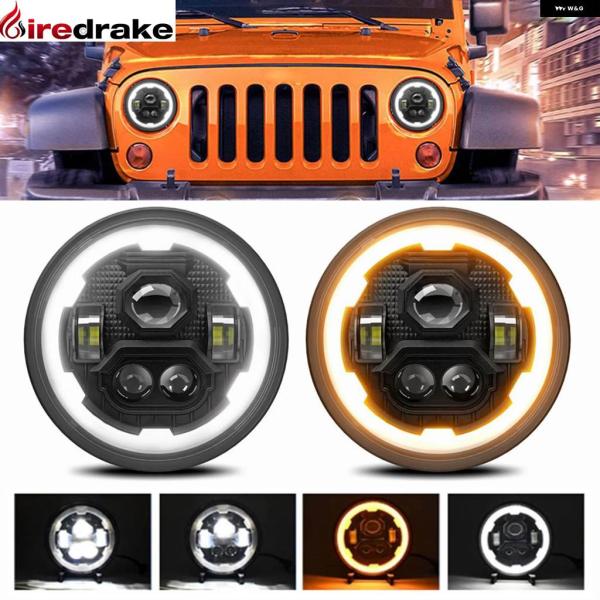 FIREDRAKE R1 7インチ LED ラウンド ヘッドライト ギア エンジェルアイ ラングラー ジープ オフロード ヘッドライト H4 200W 6000K/3500K 30000LM 24V ヘッドランプ カスタム パーツ アクセサ...