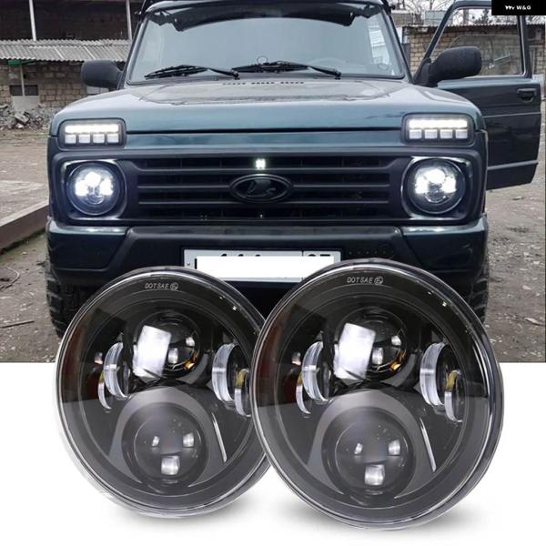 2個7インチ LED ヘッドライト H4 HI-LO ハローエンジェルアイ付き LADA 4X4 URBAN NIVA JEEP JK LAND ROVER DEFENSE HUMMER H1 H2用 カスタム パーツ アクセサリーHigh...