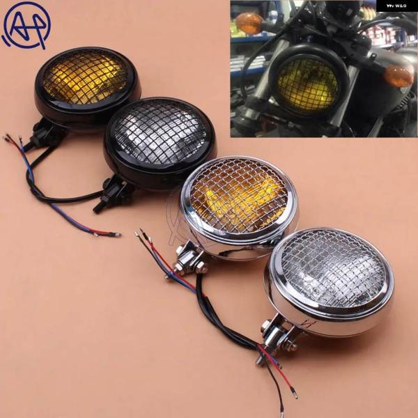 バイク オールド スクール ヴィンテージメタル レトロフロント ハイロー H4 ヘッドライト クリア/ アンバー レンズ グリル マスク ブラック/クローム ハーレー チョッパー カスタム パーツ アクセサリーProtective part...