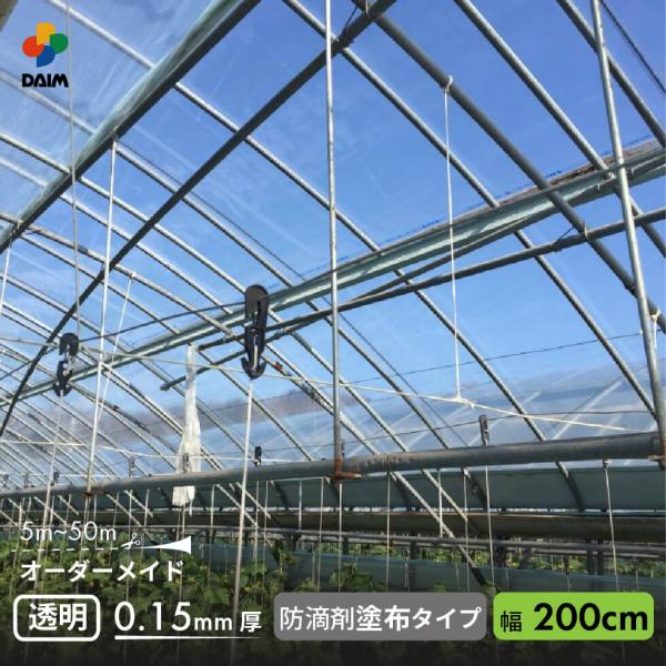 商品名daim オーダー加工 農業用POフィルム防滴剤塗布タイプ 0.15mm厚 200cm幅 m単位販売特徴「耐硫黄性」・「防滴性」・「透明性」三拍子揃った長期展張塗布型農PO。耐候性・強度に優れた高性能POフィルムです。サイズ(約)こち...
