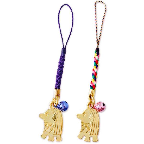 縁起物 アマビエ根付 大 根付紐 鈴付き ゴールド 疫病退散 お守り【サイズ】　全長100mm×幅15.3mm×厚さ3mm【材質】　アマビエ本体：錫鉛合金（キャスト）【表面加工】　本金メッキ（ゴールド）【カラー】　6色、紫、黄×薄紫【入数】...
