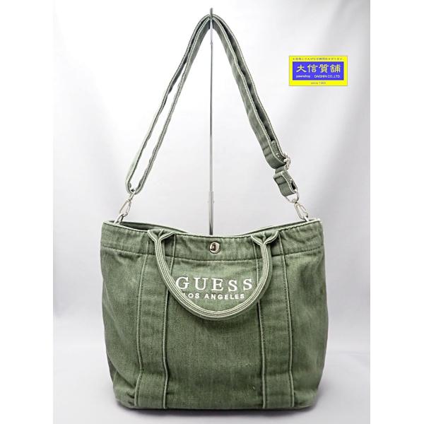 GUESS ゲス ２WAY ショルダーバッグ デニムトート オリーブグリーン 中古B