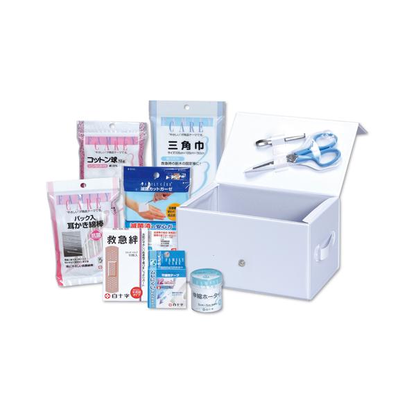 ●セット内容：コットン球，伸縮ホータイ，綿棒，不織布テープ，毛抜，ガーゼ，三角巾，絆創膏，ハサミ，「応急手当の方法」●ＢＯＸサイズ：幅１９０×奥１２５×高１０５ｍｍ●重量：４５０ｇ