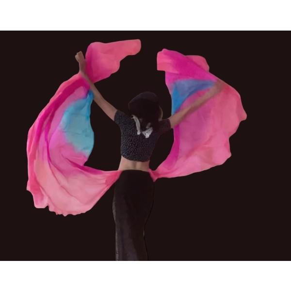 ベリーダンスシルクダブルベールダンシングウィング 2 枚ベリーダンス ベールスカーフ ダンス アクセサリー 100%シルクパホーマンスアクセサリーサイズ260 cm*110 cm製品の縁は金糸でトリミングされています