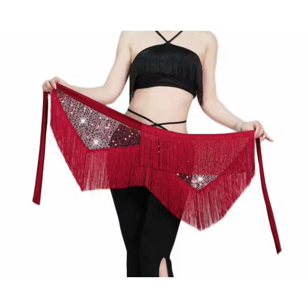 エレガントなワインレッドのフリンジヒップスカーフは、ベリーダンスやラテンダンス、さらにはジプシースタイルのパフォーマンスにも最適な一枚です。全長166cm、タッセル部分は74cm、縦38cmと、しっかりとした存在感のあるデザイン。動きに合わ...
