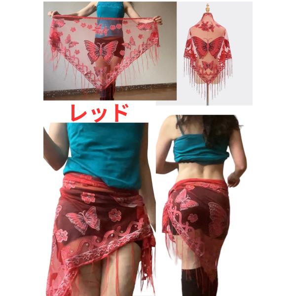 ベリーダンス、ラテンダンス、ジプシーダンス（フォークロア）など、幅広いダンスジャンルに対応したレディース用ヒップスカーフです。三角形のレースデザインに蝶の模様とタッセルを組み合わせ、踊るたびに動きと存在感を際立たせます。スカーレットカラーは...