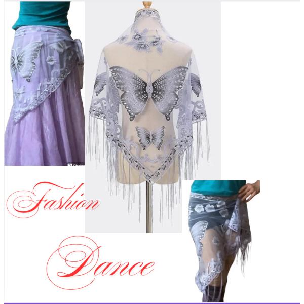 ベリーダンス、ラテンダンス、ジプシーダンス（フォークロア）などのパフォーマンスに最適なレディース用ヒップスカーフです三角形のスカーフにレース素材を使用し、蝶の模様とタッセルが踊るたびに揺れて華やかさを演出します透明感のある軽やかな素材で肌や...