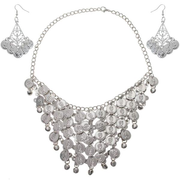 カラー: シルバーベリーダンス・ジプシーダンス・インディアンスタイル ショージュエリーセット（ネックレス＋イヤリング）商品説明:存在感あるシルバーカラーの合金ジュエリーセット。ネックレス（約48cm）とドロップイヤリングの豪華な組み合わせで...