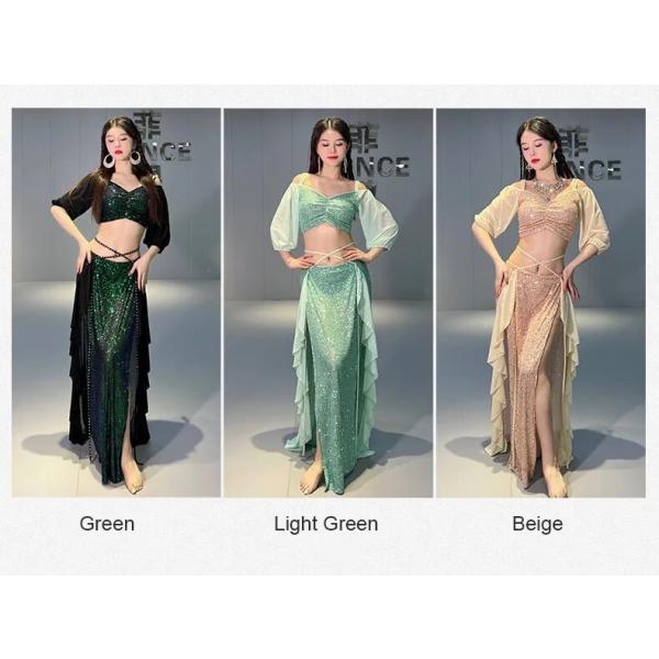 シックな衣装は、ソロパフォーマンスにもグループベリーダンスショーにも最適です。衣装は非常に高品質のシフォンと上質なスパンコール素材で作られており、非常にキラキラしていて美しいですこの明るくてとても繊細なダンス衣装は、ゴールデンエラスタイルの...