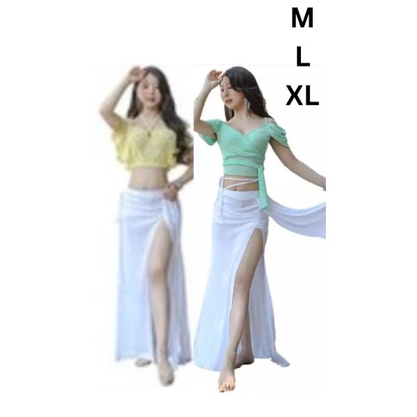 衣類セットアイテムのスタイル: ベリーダンススーツ素材：シングルスラブ麻糸色: 黄色のトップ、白いスカートパッケージ内容: 2 個: トップ + スカート (安全パンツ付き)素材構成 スパンデックス 90% + パリスター 10%エキゾチッ...