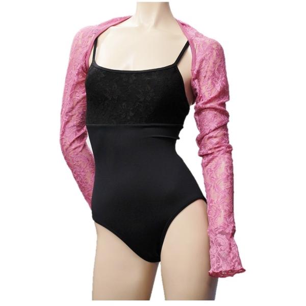 ストレッチレース素材を使用したオペラトップです♪袖の部分には親指を通せる穴が開いているので、動いても袖がズレ落ちません♪また、袖口はフリル仕上げになっているので、軽やかなイメージで着て頂けます！素材／ストレッチナイロンレース※写真のレオター...