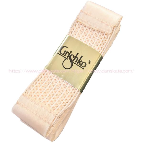 ロシアのバレエメーカー　グリシコのトウシューズリボンシャーリングゴム付のトウシューズリボンです。リボンとリボンの間にシャーリングゴムを使用することで、伸縮性を高め、アキレス健の圧迫を緩やかにします。幅は2.4cmと太目タイプ色は綺麗なユーロ...