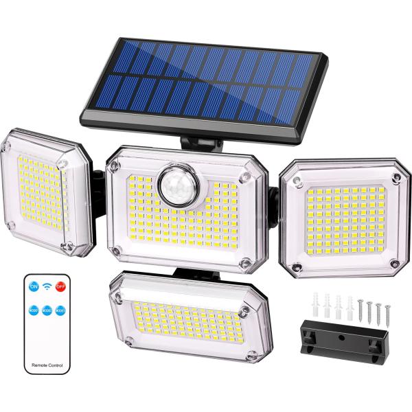 電気代0円で取付簡単　360度角度調整可能 333個のLED電球 4面のパネルでとにかく明るいソーラー充電式　防犯センサーライト3つの知能モード採用！センサモード、DIMモード、常時点灯モード4つのパネルはそれぞれ可動し幅広い範囲をしっかり...