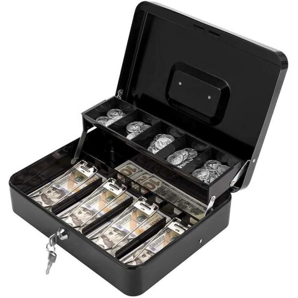 手提げ金庫 会計ケース 貯金箱 コインケース 紙幣整理 金属製スチール製で丈夫な30×24cmサイズのカギ付金庫ですスチール製の安心保管ボックス。紙幣や貨幣　小切手等の保管に。取っ手付きで持ち運びもラクラク。貨幣用トレー付き。小銭、お札以外...