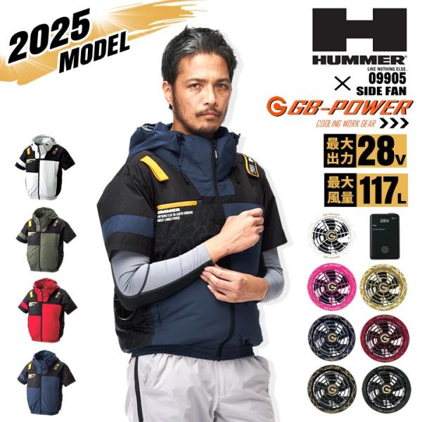 HUMMER フルハーネス対応 サイドファン仕様 空調風神服 半袖ブルゾンバッテリー製品の国内メーカー【長信ジャパン】のGB-POWERシリーズ。UVカット＆遮熱効果の裏チタンを使用した空調ウェア。28V対応！業界最強クラスの117リットル...
