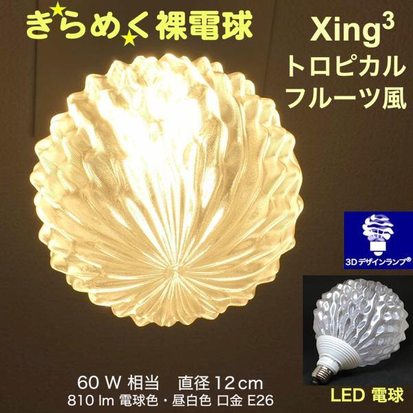Xing3 (クロッシング・スリー) は トロピカルフルーツ風の模様で光が拡がり輝く おしゃれな 3Dデザイン電球です．この電球には 3 つの特徴・利点があります．　[1] 様々な形と模様　[2] ほかにない きらめく光　[3] エコで省資...
