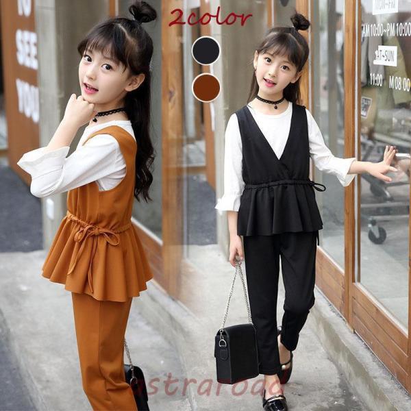 韓国子供服 3点セット 女の子 カジュアル トップス+パンツ 長袖 無地 学生セットアップ 上下セット キッズ こども 秋冬 きれいめ 卒園式 スーツ 入学式■素材：綿/ポリエステル■色：ブラック、キャメル■サイズ：（単位：cm）【110】...