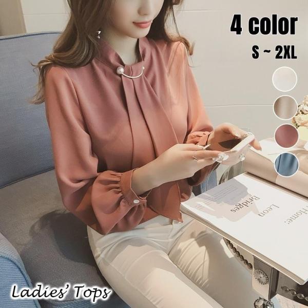 ブラウス 長袖 レディース プルオーバー トップス 無地 単色 ボウタイ ふんわり袖  スタンドネック おしゃれ かわいい オフィス フェ