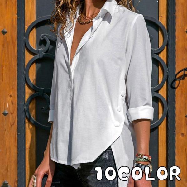 シャツ ブラウス レディース 女性 トップス 長袖 襟付き  不規則 ボタン 無地 シンプル 大人女子 カジュアル 細身せ 体系カバー