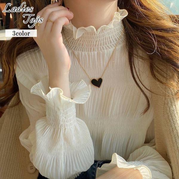 ブラウス レディース トップス ハイネック タートルネック シフォン フリル ギャザー シャーリング 無地 おしゃれ かわいい
