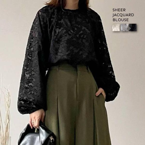 シアージャガードブラウス 透け感 長袖 レディース トップス ぽわん袖 ボリューム袖 丸首 おしゃれ きれいめ 透かしデザイン 白 黒