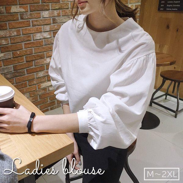 ブラウス レディース 女性用 トップス 長袖 大きいサイズ 無地 バルーンスリーブ ぽわん袖 ゆったり ラウンドネック おしゃれ かわいい カジュアル