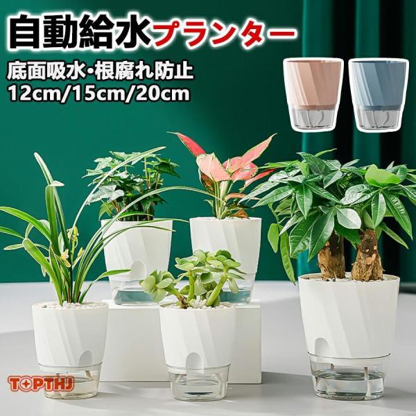【商品仕様】商品名：自動給水底面吸水プランター材質：プラスチック（防カビ加工済み）サイズ展開：小型〜中型（幅約12cm〜20cm）使用場所：室内／屋外／ベランダ／玄関／デスク周り対応植物【商品特長】自動給水構造で枯らさない！給水層から底面吸...