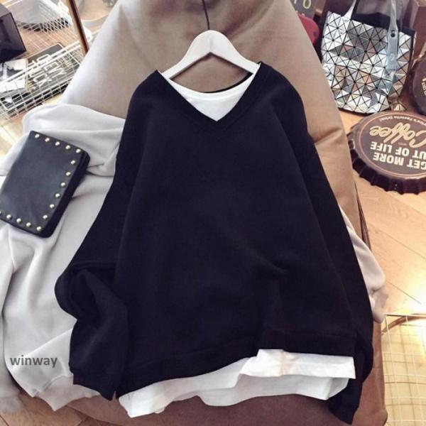 トレーナー レディース 重ね着風 スウェット おしゃれ vネック ドルマンスリーブ トップス 無地 おしゃれ 長袖 d07【カラー】ブラック、ピンク、ブルー【サイズ】F(2XL)肩幅：58cm バスト：122cm【素　材】ポリエステル