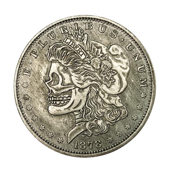 モルガンダラーの観賞用コインです。1878年のみです。リバティ側はスカルにエングレービングされています。大きさ　38mm×厚み2.9mmと本物に近いです。材質　真鍮製に銀メッキ。重量　23-24g燻しや曇り方は1枚1枚異なります。