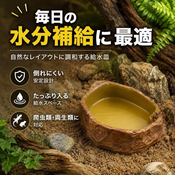 商品名：爬虫類用品 ウォーターディッシュ 爬虫類 水入れ えさ皿 給水皿 深型 水浴び 天然岩石風 樹脂製 トカゲ ヤモリ ヘビ リクガメ 両生類 レイアウト用品サイズ：長さ：２５cm　幅：２０cm　高さ：６cm商品説明：天然岩石をイメージ...