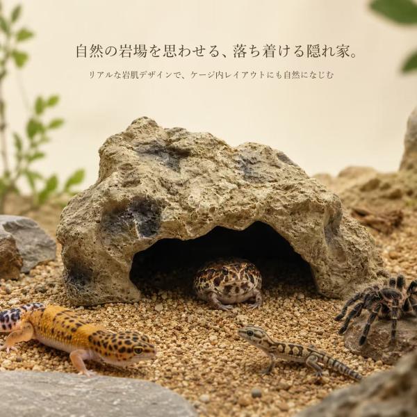 サイズ：長さ：１２.５cm、横：９.５cm、高さ：７.５cm説明：「リアルな岩場デザイン」本物の岩のような質感を再現した軽量な樹脂製シェルターです。「さまざまな生体に対応」トカゲやヤモリ、カエルなど幅広い小型爬虫類・両生類に使用できます。「...